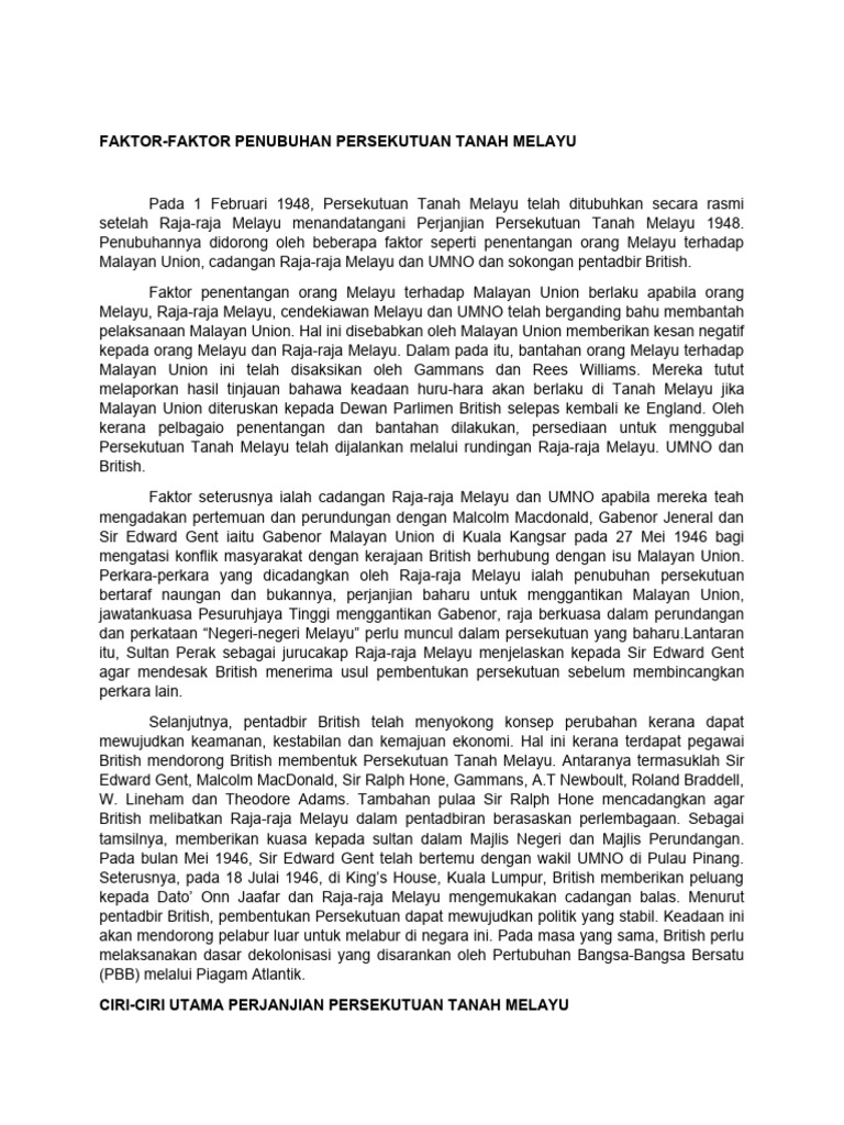Faktor-Faktor Penubuhan Persekutuan Tanah Melayu | PDF
