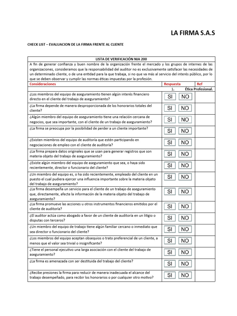 Chek List de Aplicacion de Nias Hacia El Interior de La Firma (Nia 200 ...
