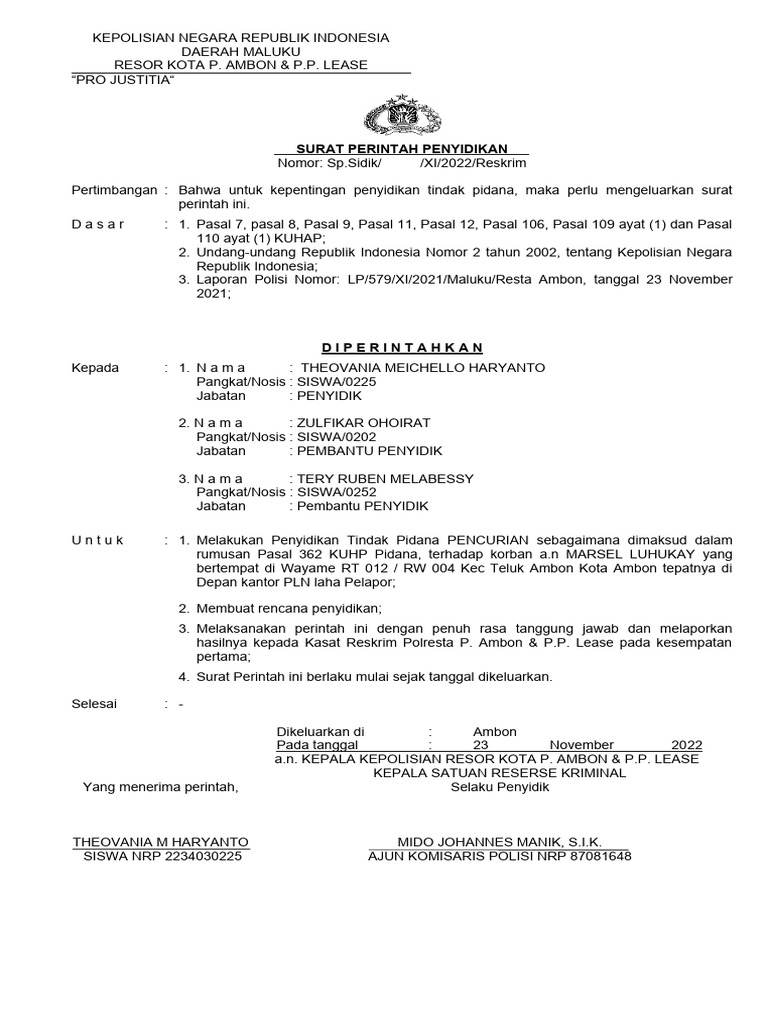 Surat Perintah Penyidikan Pencurian | PDF