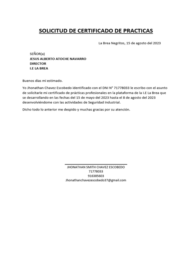 Solicitud de Certificado de Practicas Profesionales | PDF