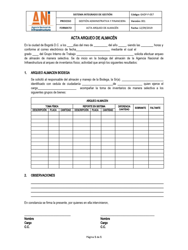 Gadf-F-057 Acta de Arqueo de Almacen v1 | PDF