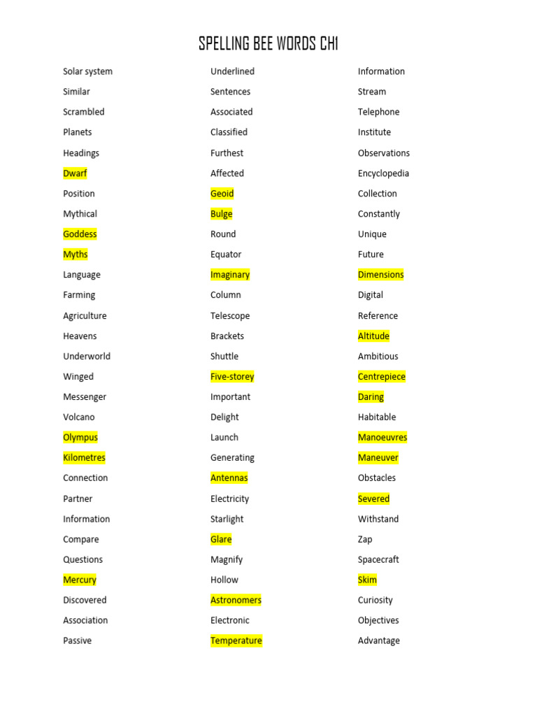 Spelling Bee Words: Astronomy & Science | PDF