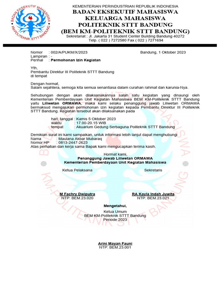 002 A Izin Kegiatan Liliwetan ORMAWA | PDF | Sains & Matematika