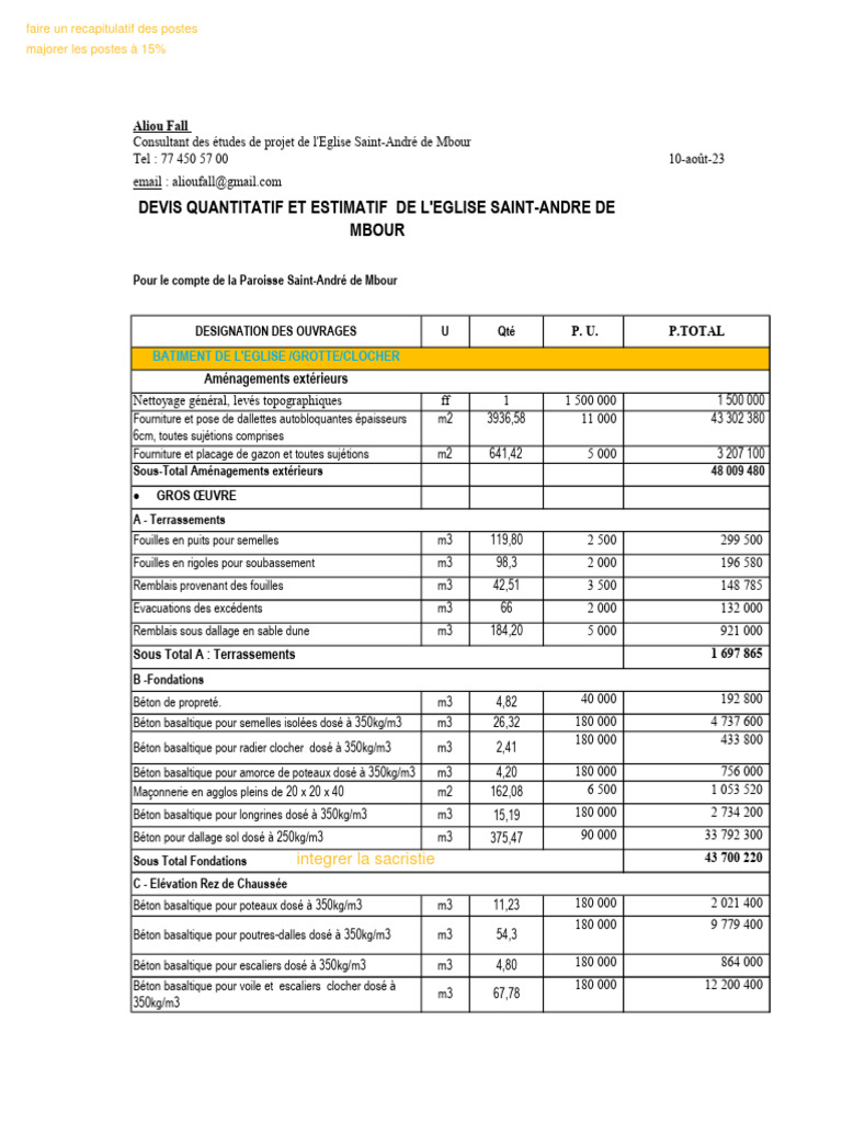 Devis Quantitatif Et Estimatif de L'eglise St-Andre Avec Observations ...