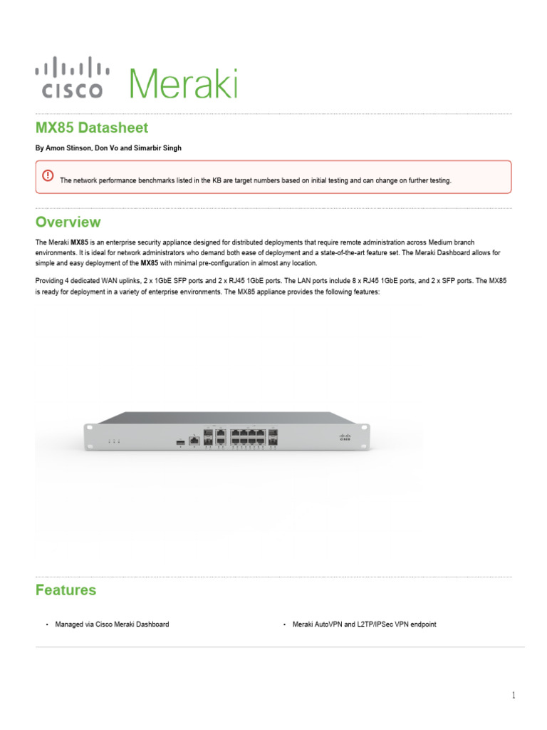 Cisco Meraki MX85 Datasheet | PDF | Virtual Private Network | Network ...