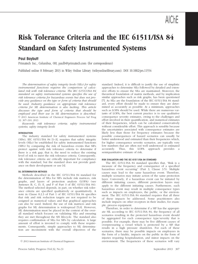 Risk Tolerance Criteria and The IEC 61511/ISA 84 Standard On Safety ...
