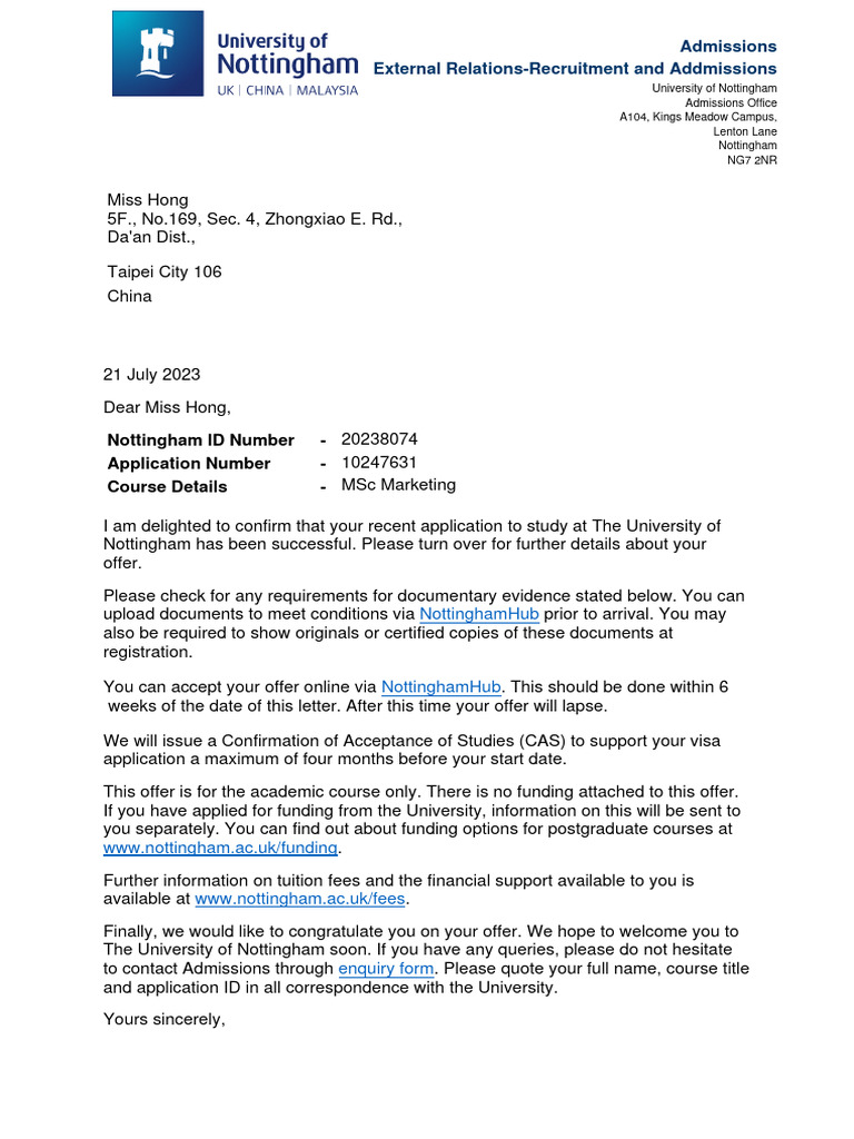 Offer Letter of Nottingham University | PDF