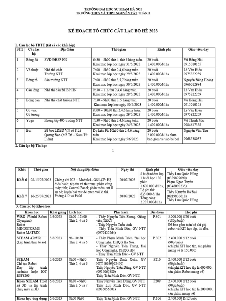 NTT - Danh Sã¡ch Cã¡c CLB Hã 2023 | PDF
