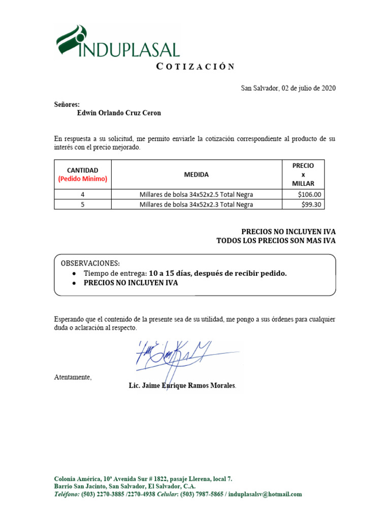 C o T I Z A C I Ó N Jardín Edwin Ceron | PDF