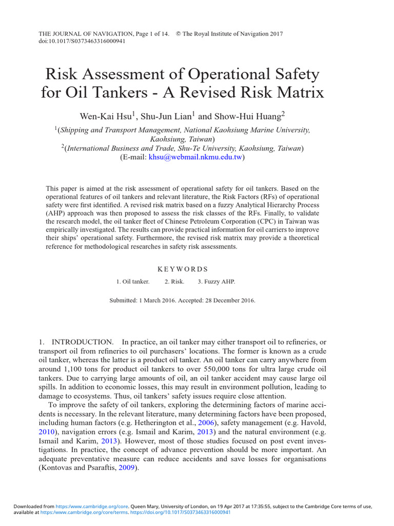 Risk Assessment of Operational Safety For Oil Tankers - A Revised Risk ...