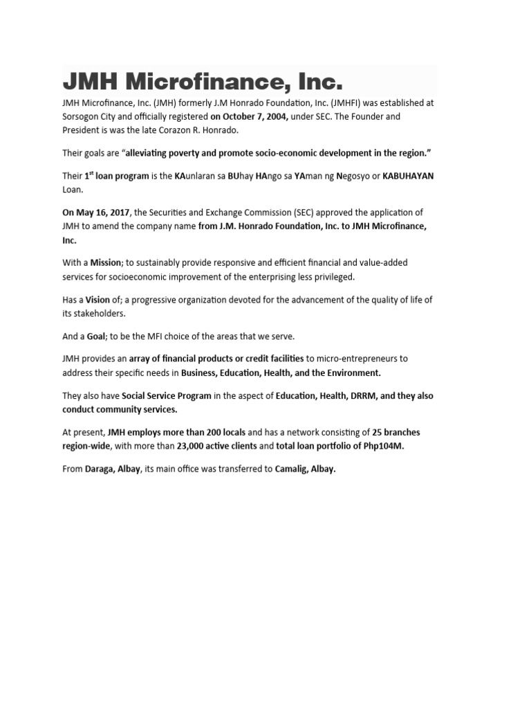 JMH Microfinance, Inc. | PDF | Finance & Money Management