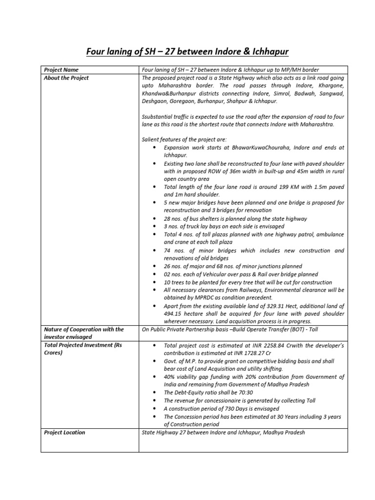 Indore-Ichhapur Highway Project Overview | PDF