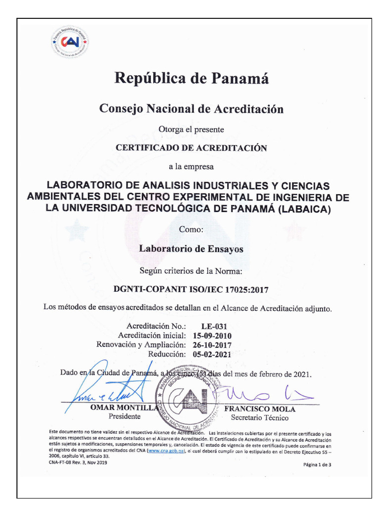 Certificado de Acreditacion Labaica Iso-Iec 17025-2017 | PDF