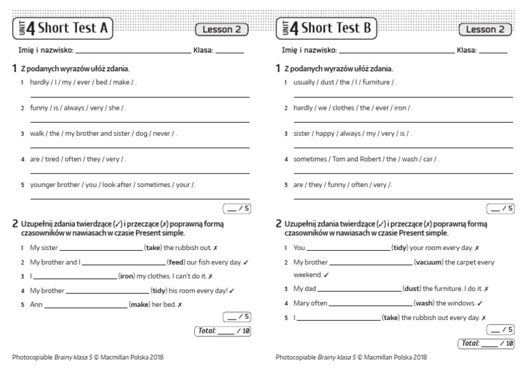 Brainy Kl5 Short Tests Unit 4 Lesson 2 | PDF