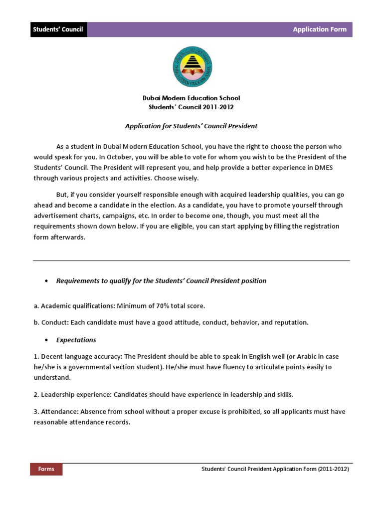 Students' Council President Application | PDF | Career & Growth
