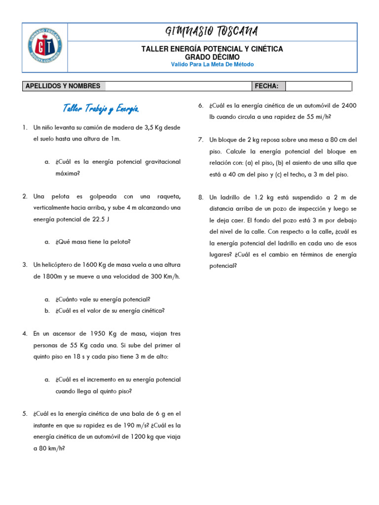 Taller Energía Potencial y Cinética | PDF | Energía cinética | Cantidad