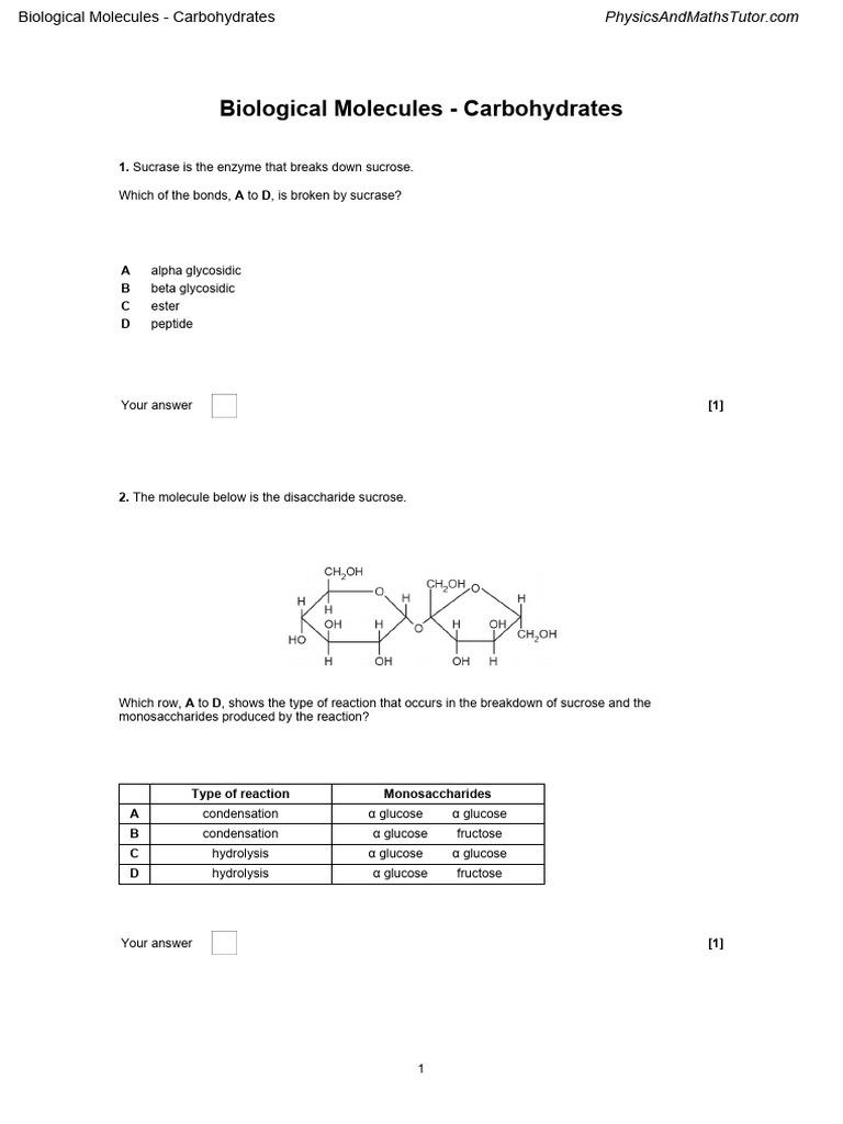 2.2 Biological Molecules - Carbohydrates QP | PDF | Carbohydrates ...