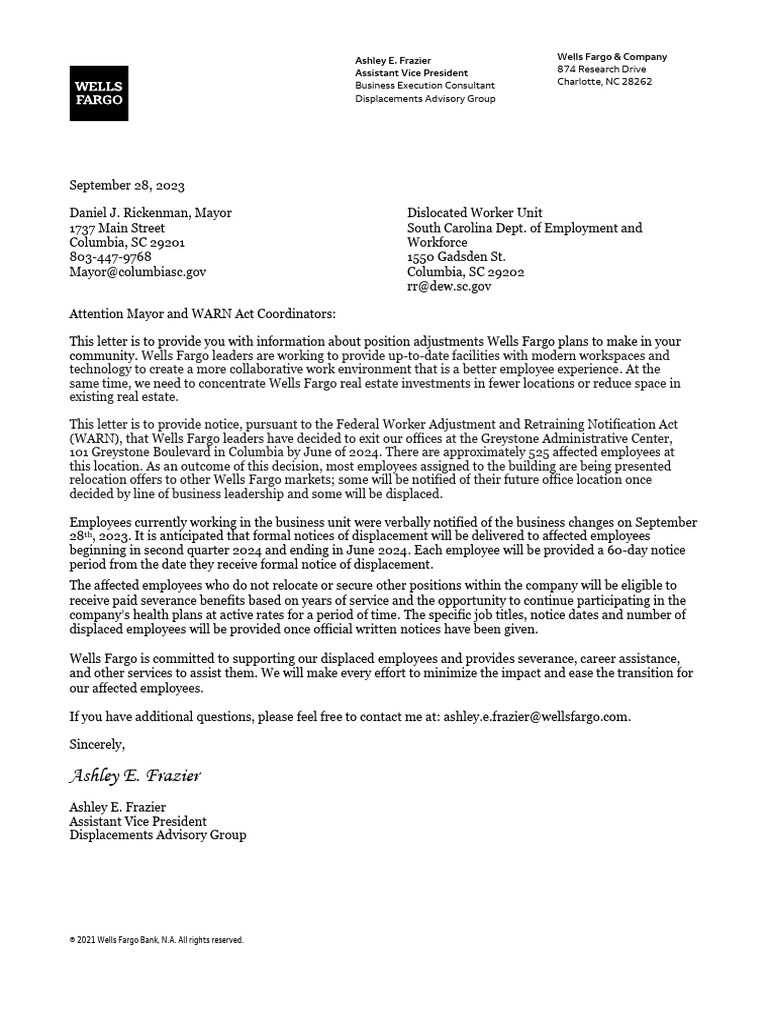 Letter From Wells Fargo To Columbia Mayor Daniel Rickenman and The ...