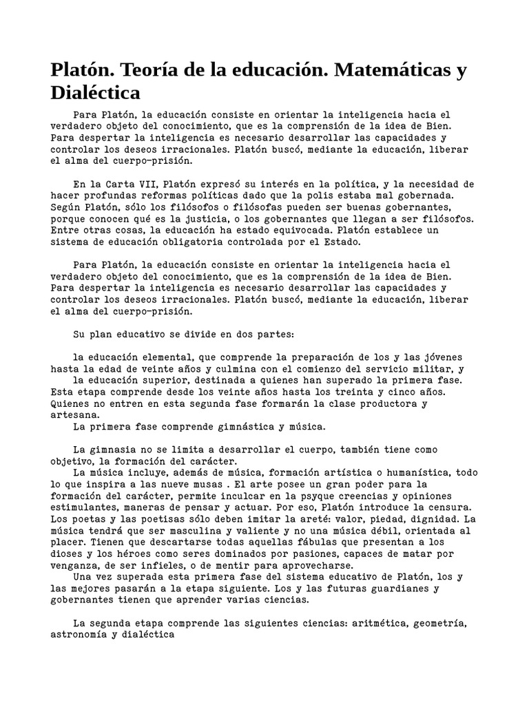 Teoría De La Eduación Según Platón Pdf