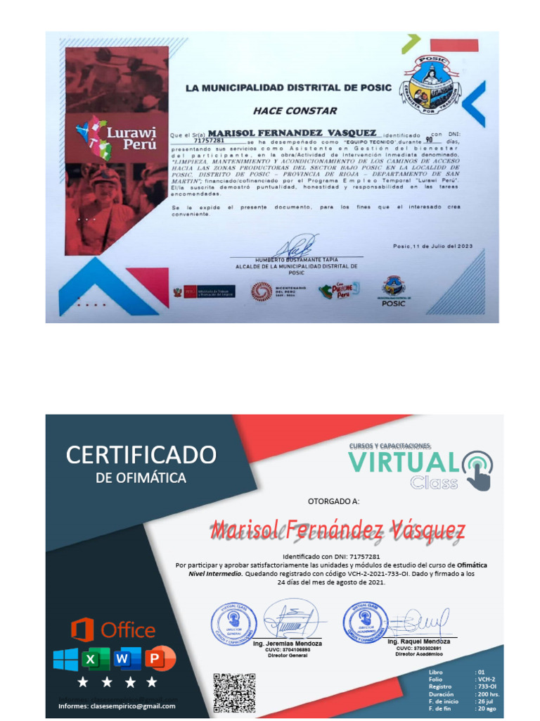 Constancia y Certificado Ofimatica Marisol Fernandez | PDF