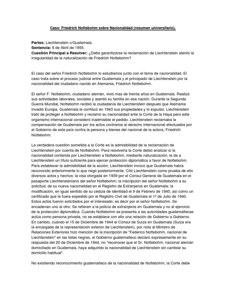 Caso Nottebohm: Nacionalidad y Protección | PDF | Relaciones ...
