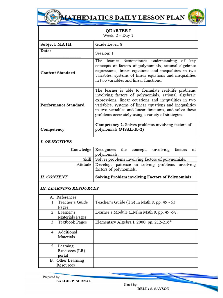 Dlp-Mathematics 8 (Week 2, Day 1) | PDF | Teaching Methods & Materials