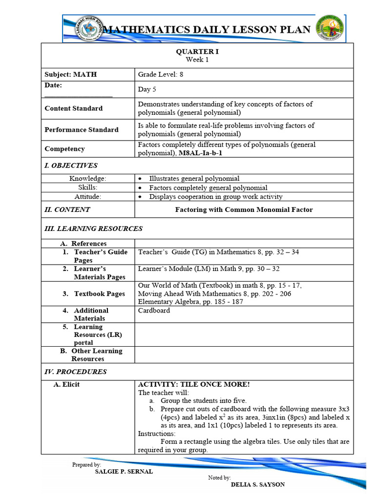 Dlp-Mathematics 8 (Week 1, Day 5) | PDF