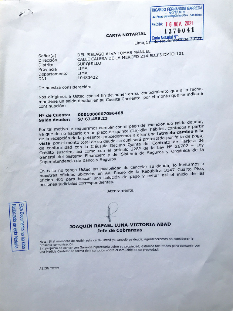 Carta Notarial Prestamo de Tarjeta 16-11-2021 | PDF