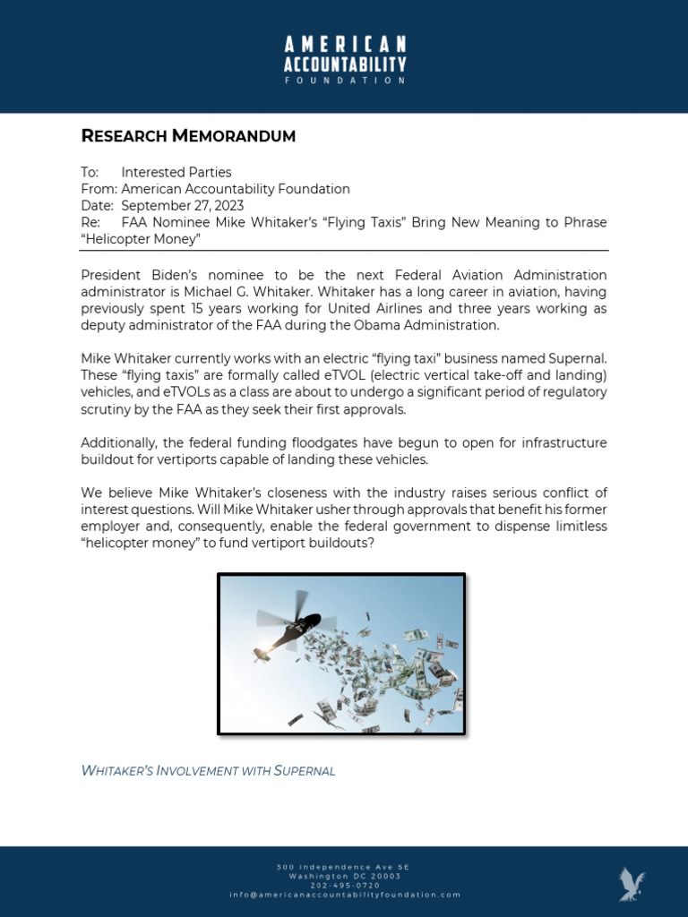 Whitaker Flying Taxis Memo | PDF