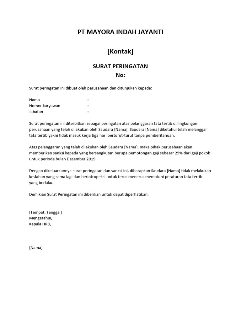 Contoh Surat Peringatan Karyawan Sanksi Pemotongan Gaji | PDF
