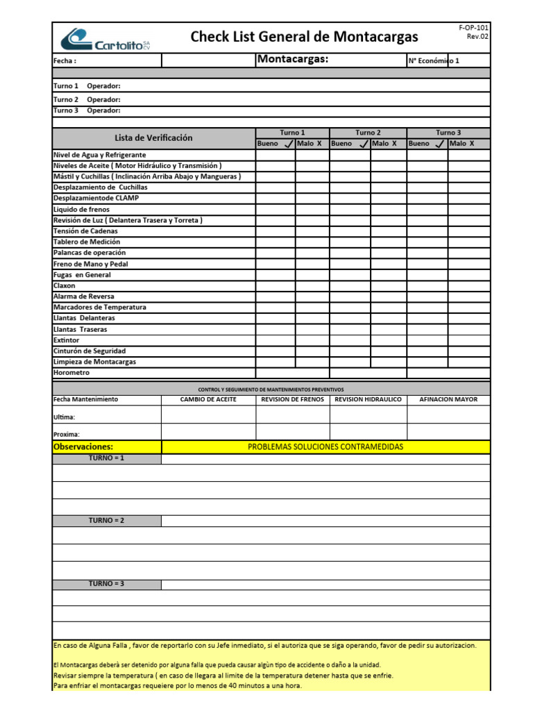 Check List General de Montacargas Escrrtitorio | PDF