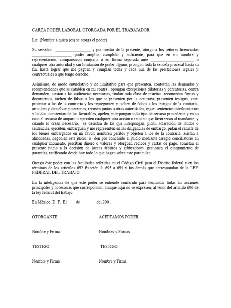 CARTA PODER LABORAL OTORGADA POR EL TRABAJADOR | PDF