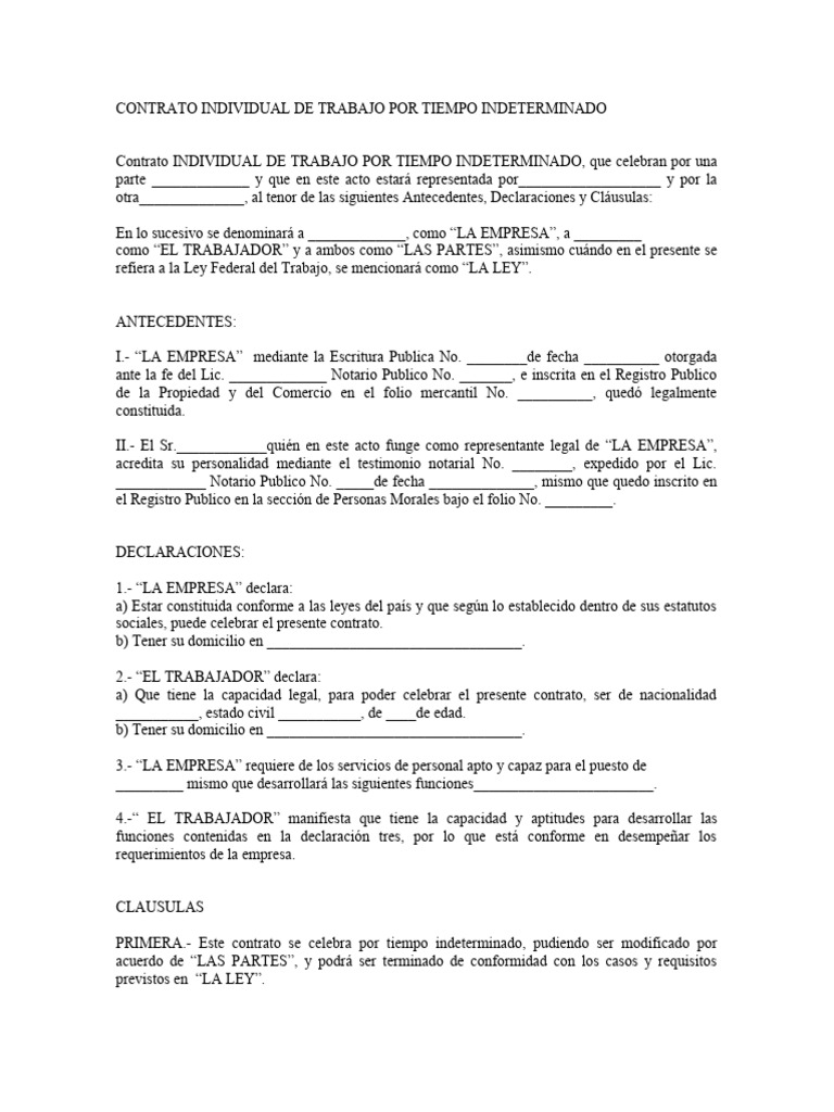 Contrato individual de trabajo por tiempo indeterminado | PDF