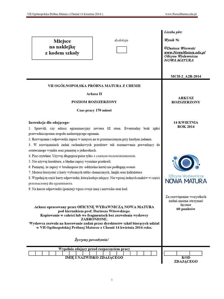 IV 2014 Chemia PR Witowski Arkusz+RozwiÄ Zania | PDF