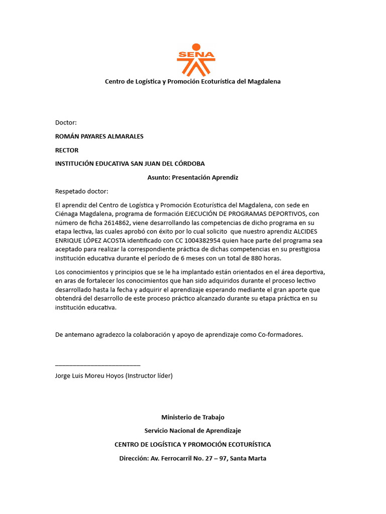 Carta de Presentación Sena | PDF | Crecimiento personal y profesional ...