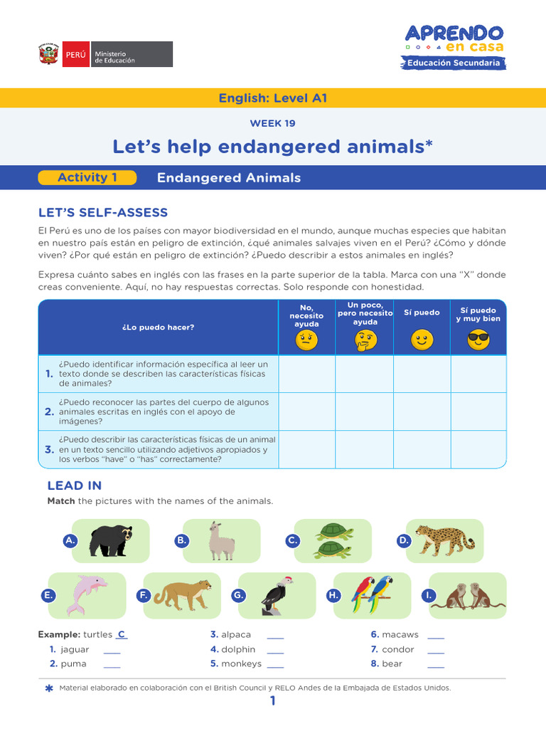 ENGLISH - A1 5to SEM29 ENDANGERED - ANIMALS PERU - BIRF | PDF ...