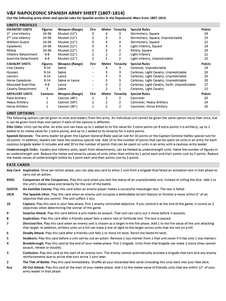 Valour and Fortitude Napoleonic Spanish Army Sheet v2F.2 | PDF ...