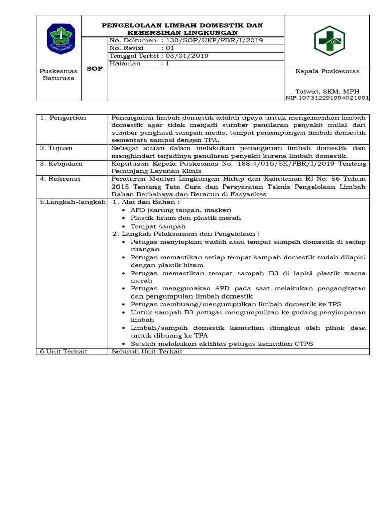 Sop Penanganan Limbah Domestik | PDF