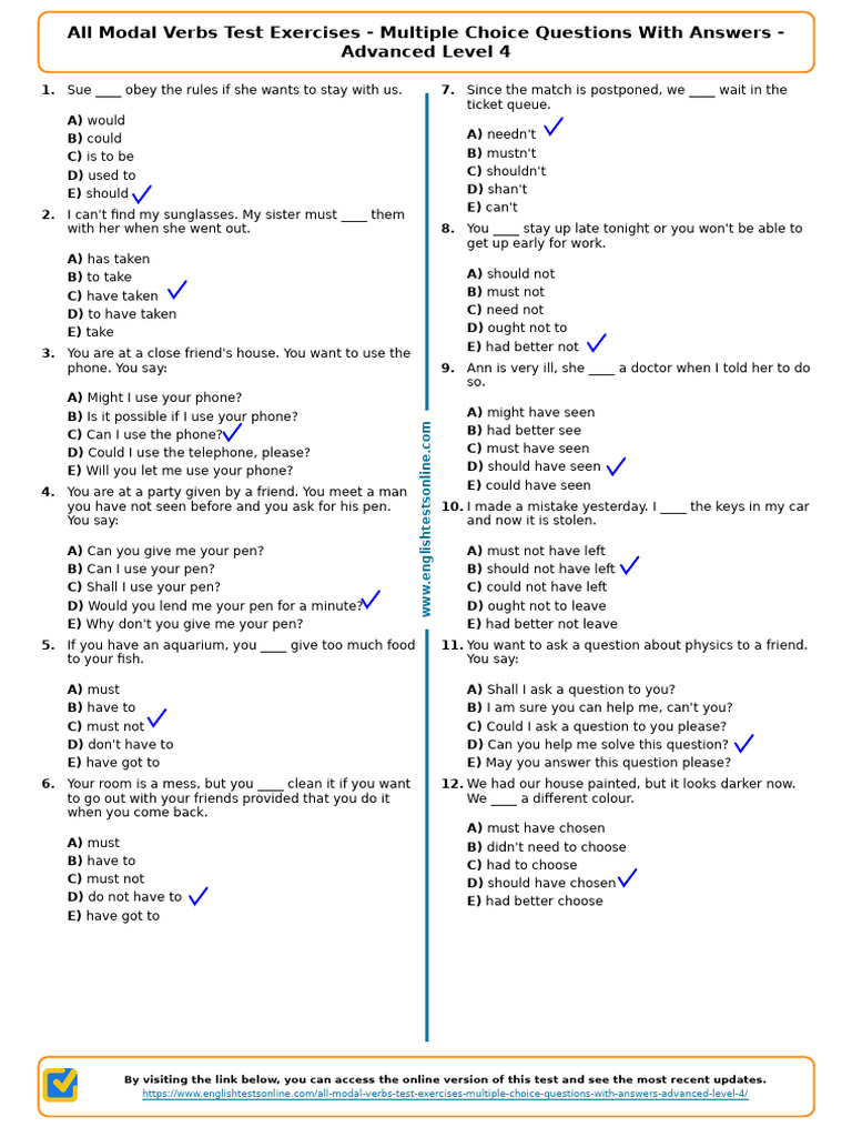 503 All Modal Verbs Test Exercises Multiple Choice Questions With ...
