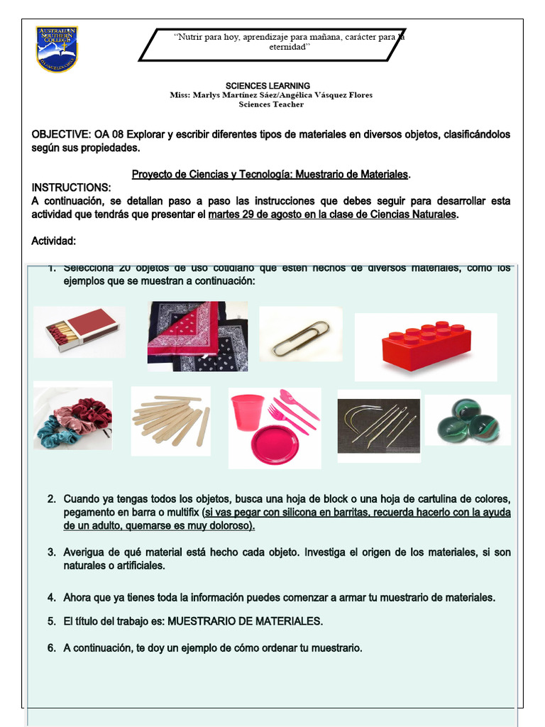 Proyecto Ciencias y Tecnología Muestrario de Materiales 2023 | PDF