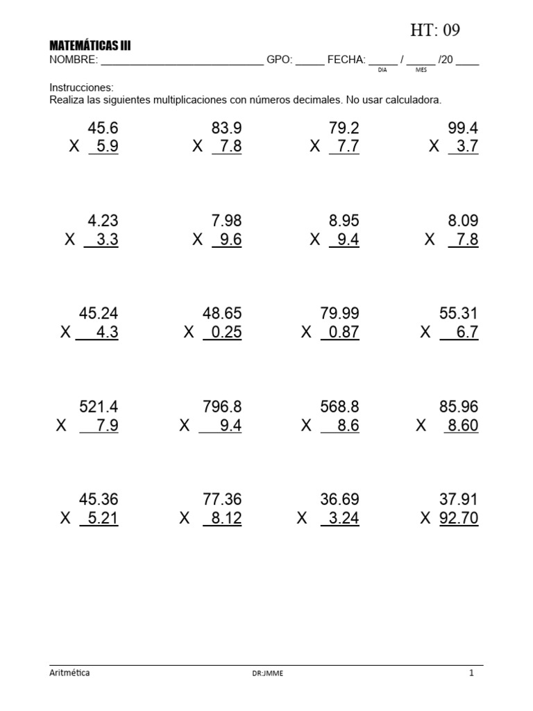 Multiplicacion de Numeros Decimales 2x3 Cifras | PDF