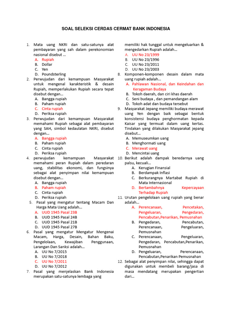 SOAL SELEKSI CERDAS CERMAT BANK INDONESIA Kbbs A | PDF
