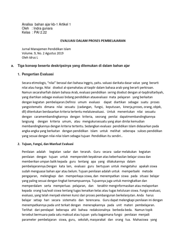 Analisa Bahan Ajar - Kb-1 Evaluasi Pembelajaran | PDF