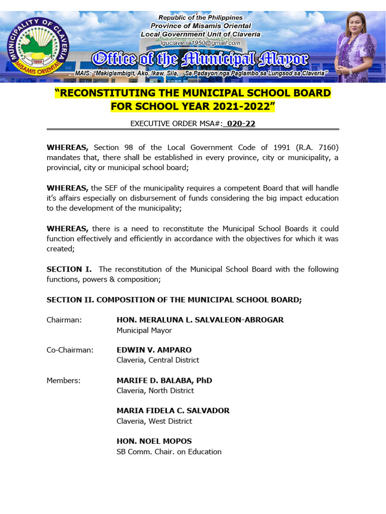 Reconstitution of Claveria School Board | PDF | Governance | Justice