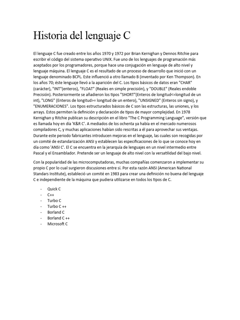 Historia Del Lenguaje C | PDF | C (lenguaje de programación) | Lenguaje de programación