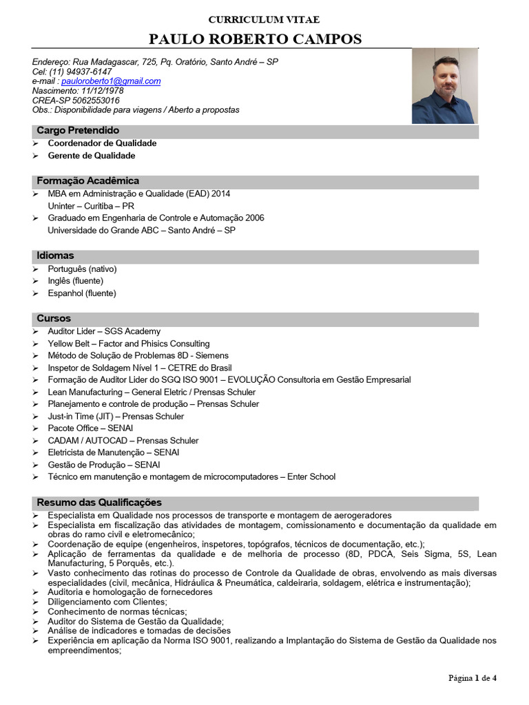 CV - Paulo Campos | PDF | Qualidade (negócios) | Engenharia