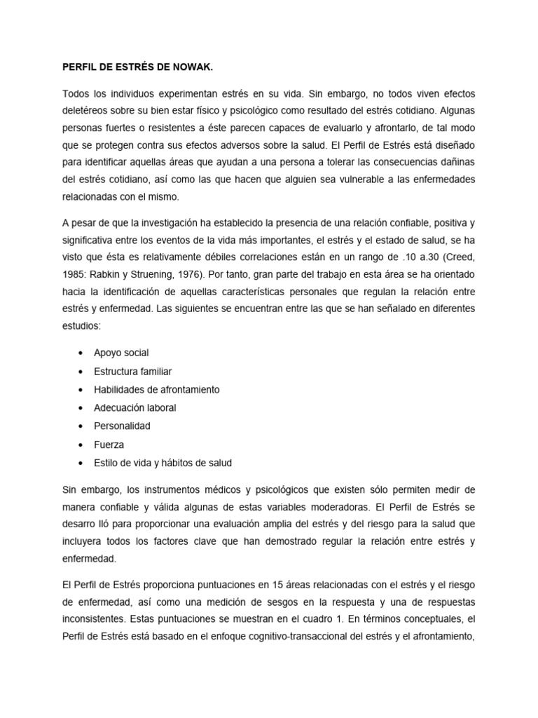 Perfil de Estrés de Nowack: Evaluación Integral | PDF