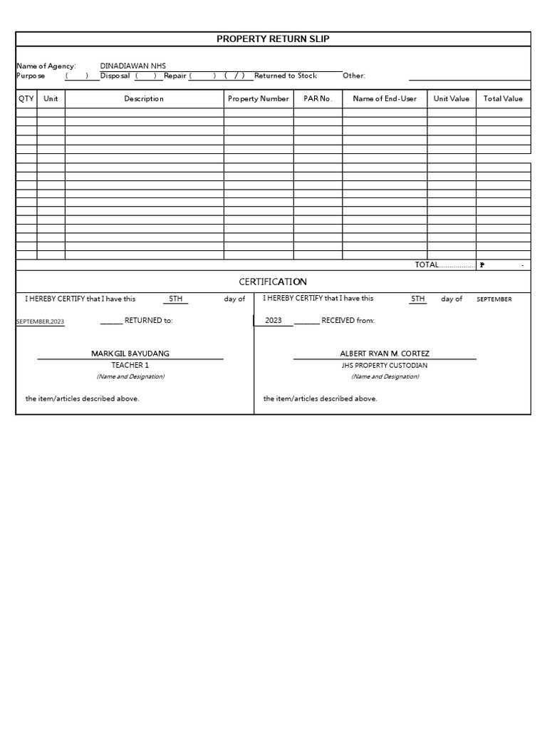 Property Return Slip | PDF