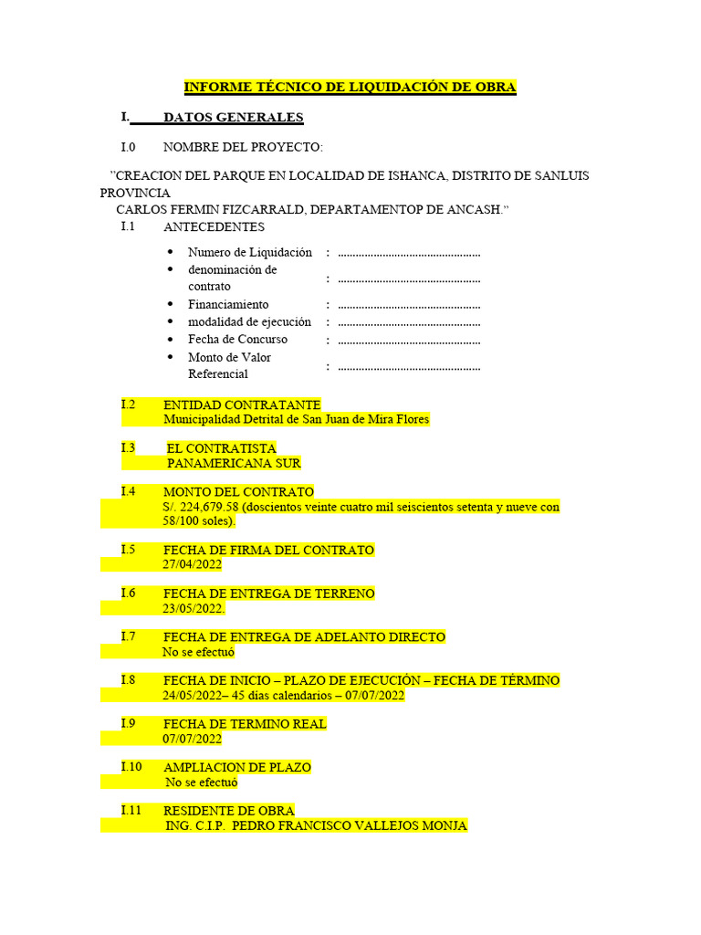 Informe Técnico de Liquidación de Obra | PDF