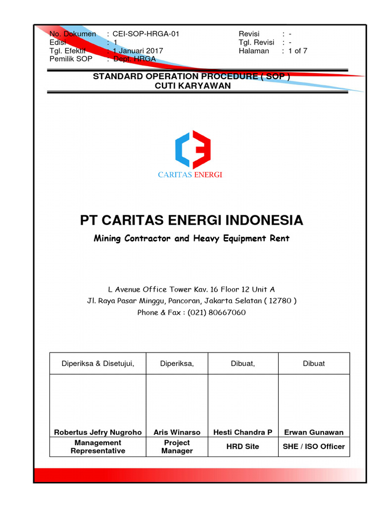 SOP Pengajuan Cuti Karyawan (CEI-SOP-HRGA-01) | PDF